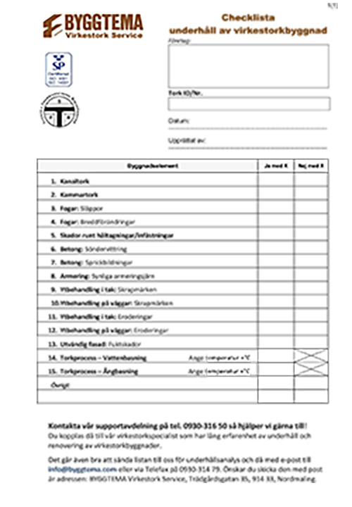 Checklista för planerat underhåll av Sågverkets virkestorksanläggning